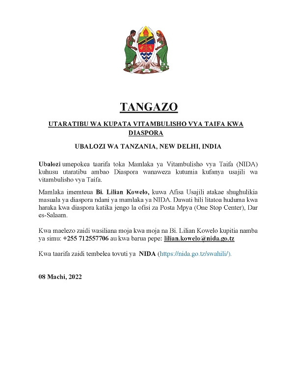TANGAZO: UTARATIBU WA KUPATA VITAMBULISHO VYA TAIFA KWA DIASPORA ...