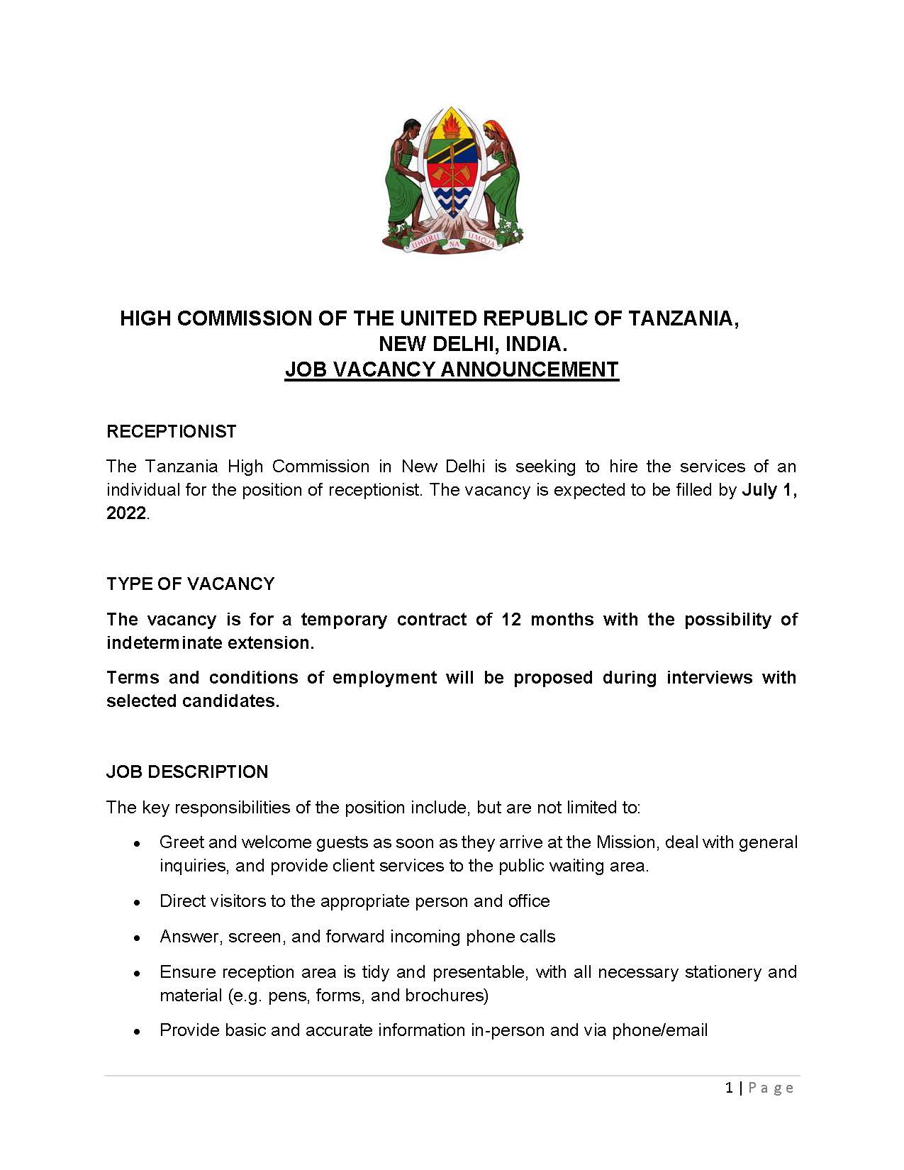 JOB VACANCY ANNOUNCEMENT - RECEPTIONIST | Tanzania High Commission New ...